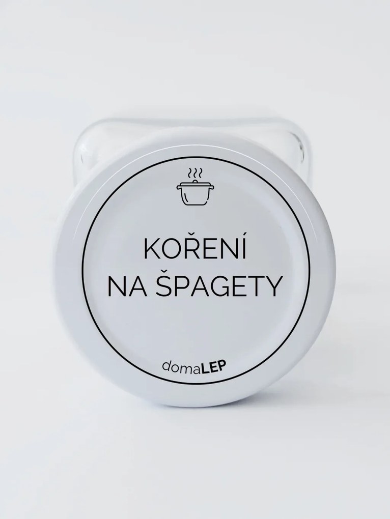Samolepka na kořenky KOŘENÍ NA ŠPAGETY průhledná 5 cm základní písmo