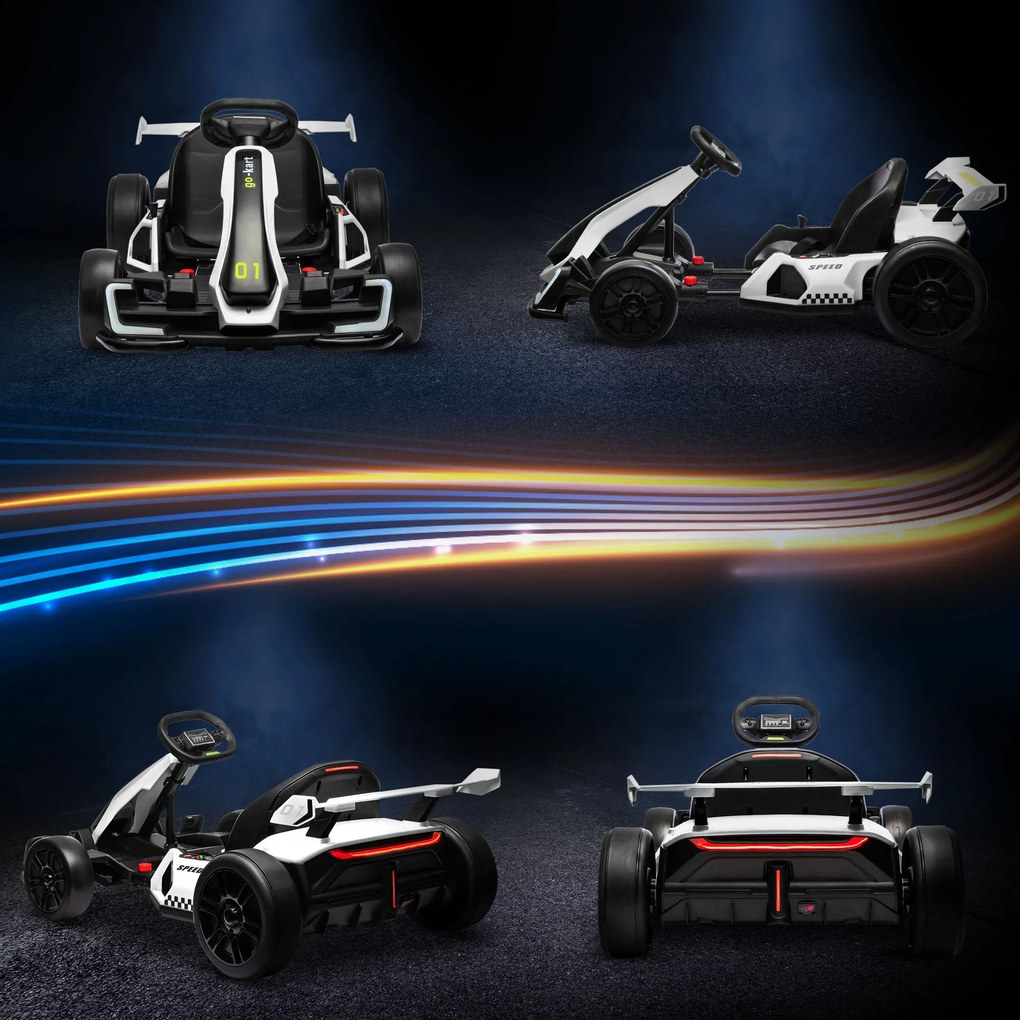HOMCOM Elektrický Go-Kart pro Děti 6-12 Let 24V 12km/h s Nastavitelným Sedadlem, Drift Go-Kart s Klaksonem, Světly a Hudbou, Bílý
