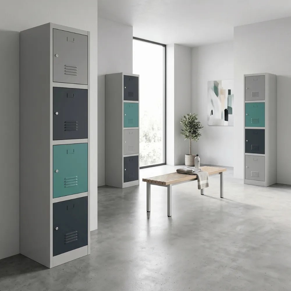 Kovová šatní skříňka - 4 boxy, 38 x 45 x 185 cm, cylindrický zámek, šedá - ral 7035