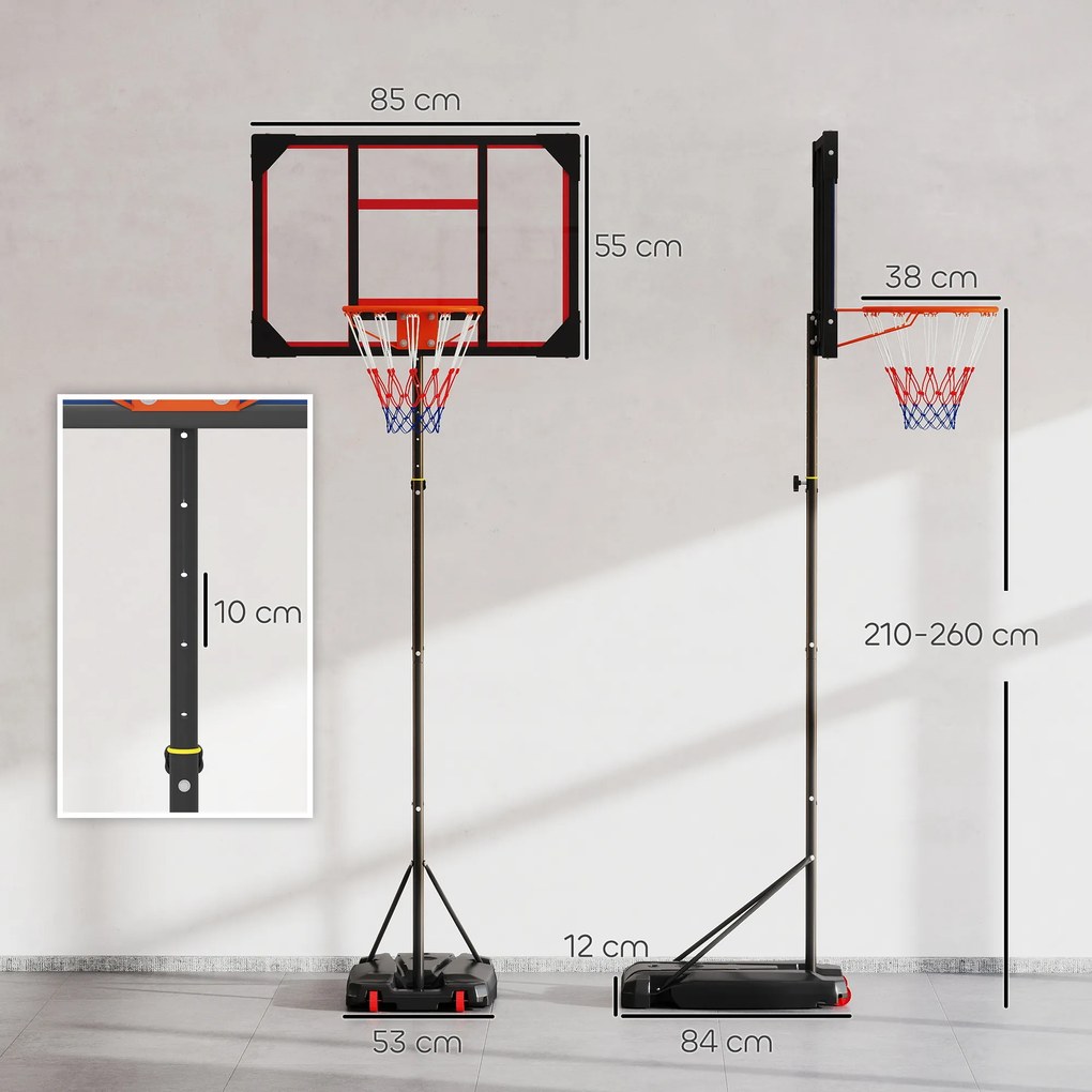 AIYAPLAY Dětský venkovní koš na basketbal, nastavitelný od 210-260 cm s kolečky, systém na basketbal pro děti od 6 let, červený