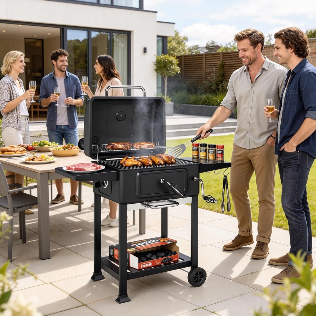 Outsunny Gril na dřevěné uhlí BBQ udírna s víkem Teploměr výškově nastavitelná pánev na dřevěné uhlí Komín Grilovací rošt Boční stolek Popelník