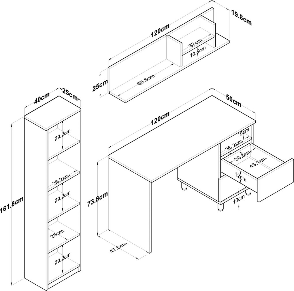 Moderní sada Darah s psacím stolem, knihovnou a policí ořech/antracit