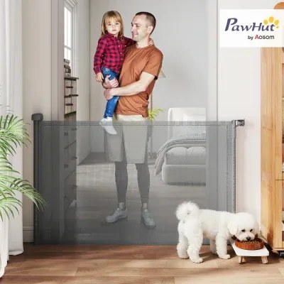 PawHut stahovací bezpečnostní zábrana pro psy, šířka až 140 cm pro schody a dveře, šedá