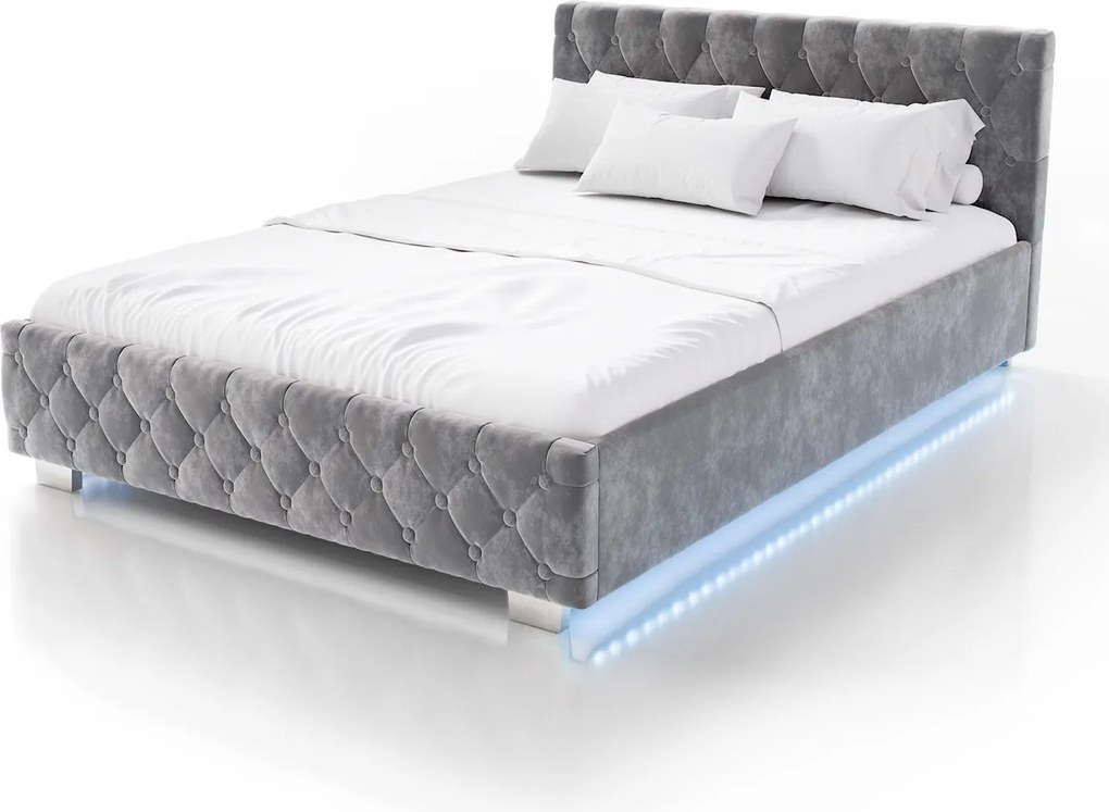 Juskys Čalouněná postel Nizza s LED osvětlením Barva: tmavě šedá, Velikost: 140 × 200 cm