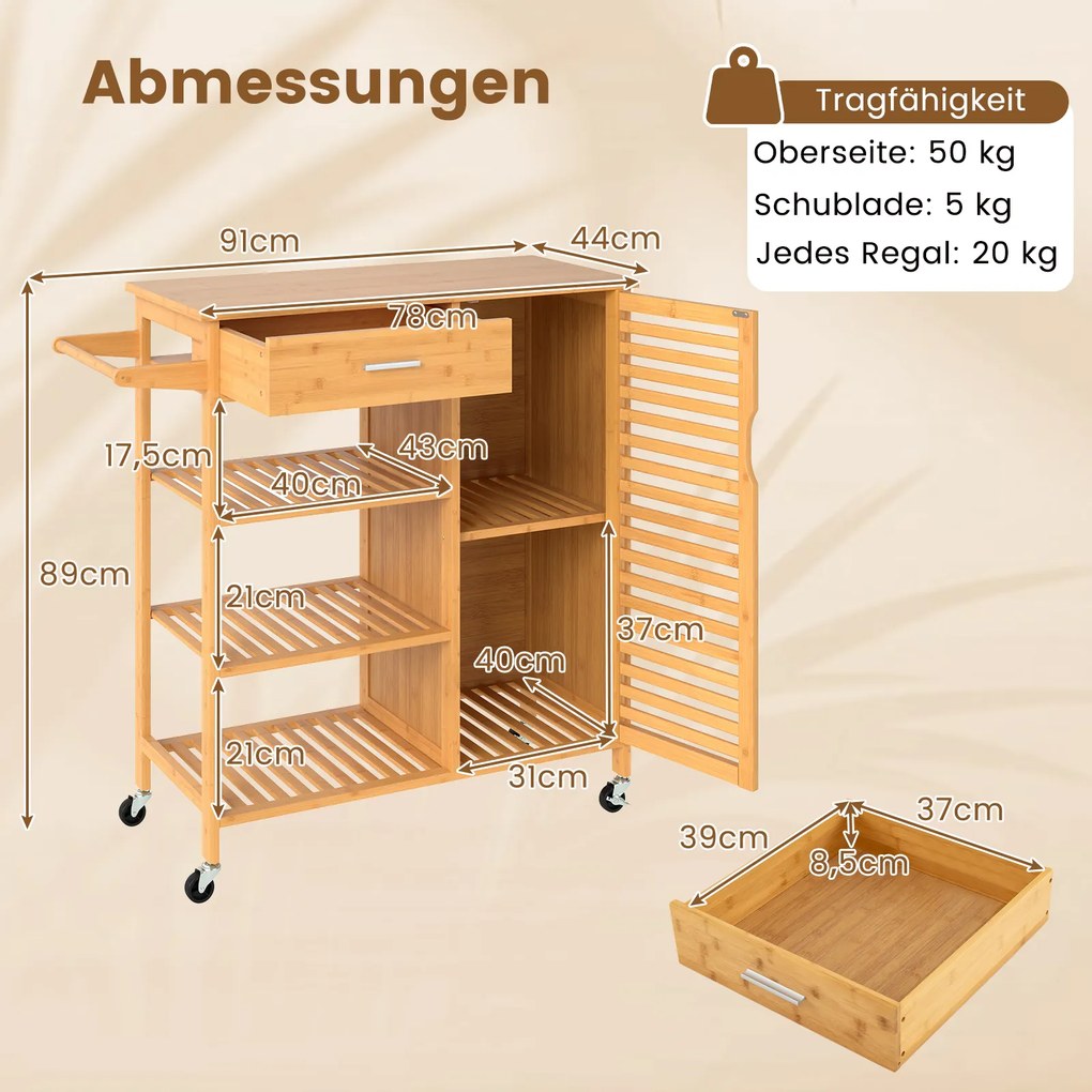 Costway Kuchyňský vozík s úložným prostorem bambusový vozík servírovací vozík