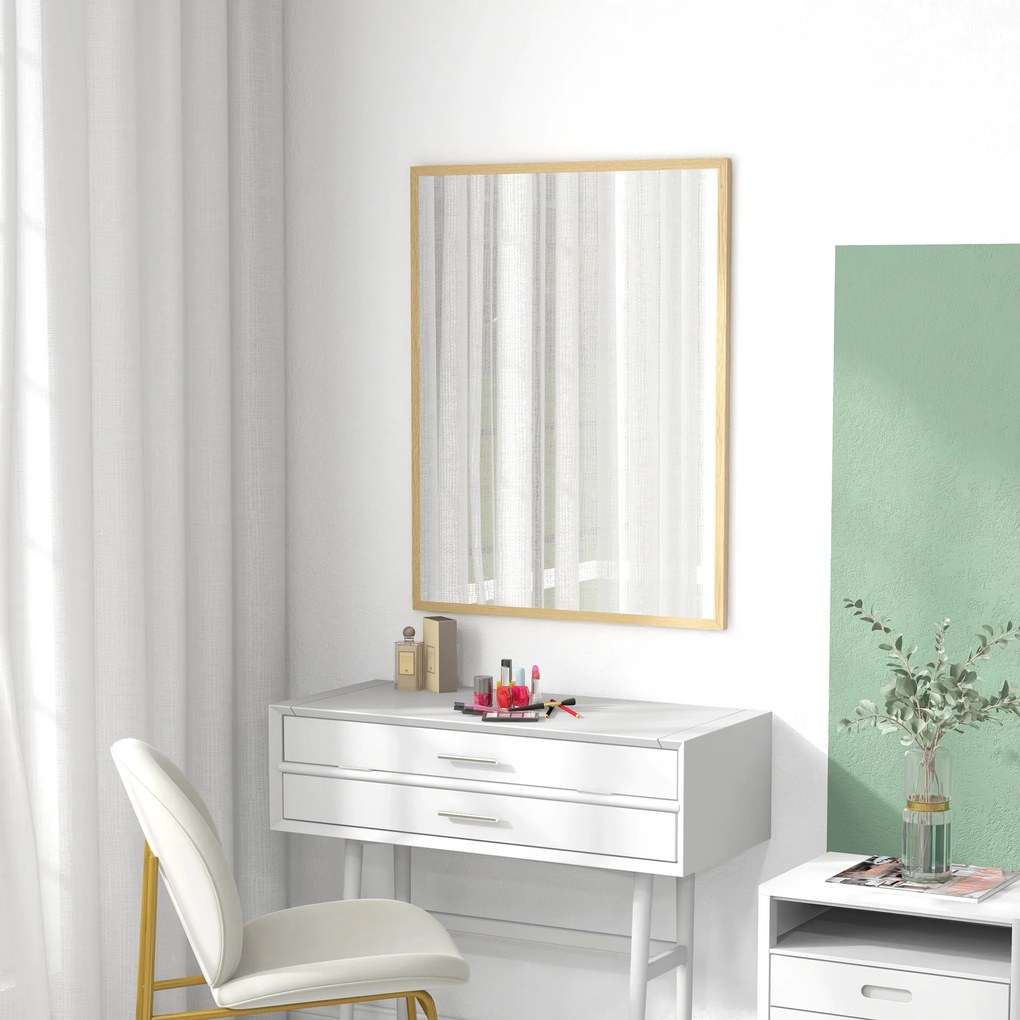 HOMCOM Obdélníkové Zrcadlo na Stěnu 90 x 70 cm, dřevěný rám, ideální do koupelny, obývacího pokoje nebo ložnice, přírodní