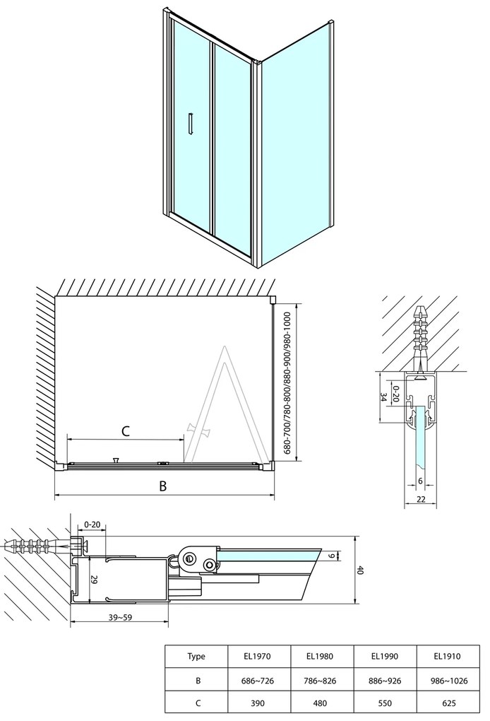 Polysan, EASY LINE obdélníková sprchová zástěna 900x700mm, skládací dveře, L/P varianta, čiré sklo, EL1990EL3115