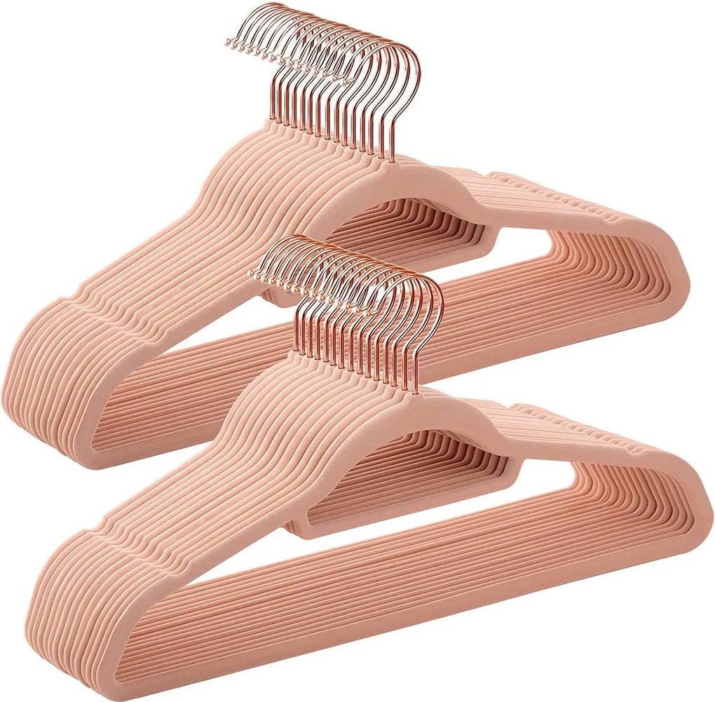 Sametová ramínka 30dílná, protiskluzové háčky na oblečení v barvě rose gold