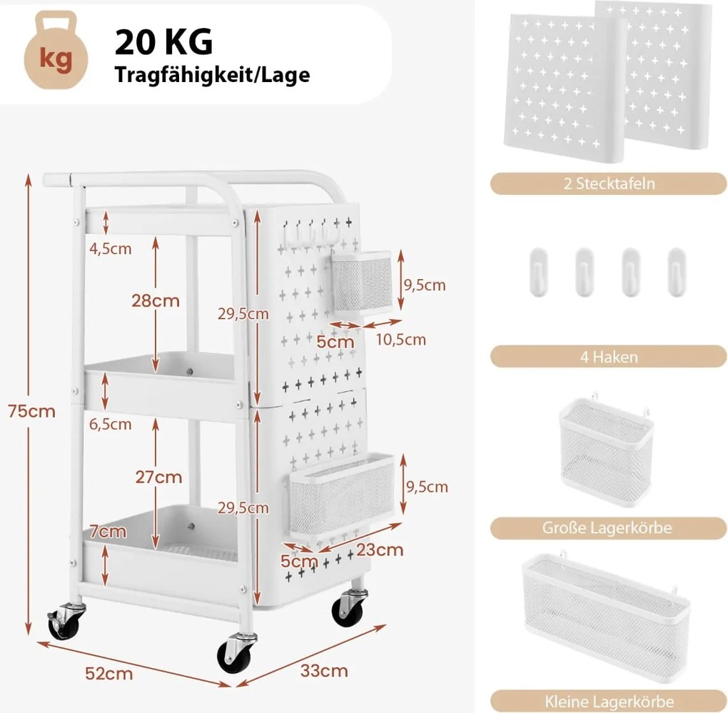 Costway 3patrový kovový vozík s 2 pegboardy a 2 košíky a 4 háčky
