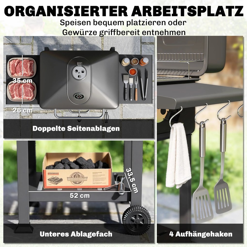 Outsunny Gril na dřevěné uhlí BBQ udírna s víkem Teploměr Výškově nastavitelná pánev na dřevěné uhlí Grilovací rošt Boční stolek Popelník