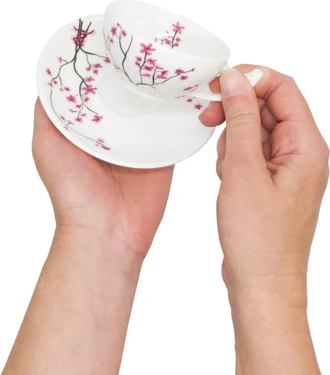 Porcelánový espresso šálek Sakura s podšálkem, 100 ml – lesklý, s motivem růžových květů