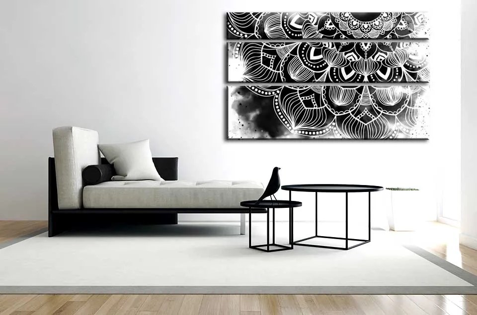 Třídílný obraz mandala černobílá Velikost (šířka x výška): 150x90 cm