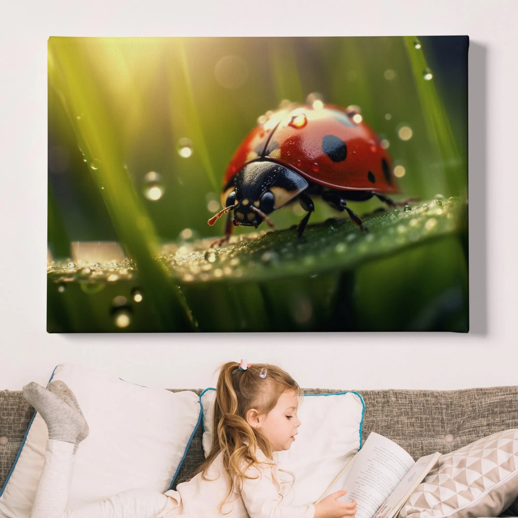 Obraz na plátně - Beruška na stéblu trávy s rosou FeelHappy.cz Velikost obrazu: 150 x 100 cm