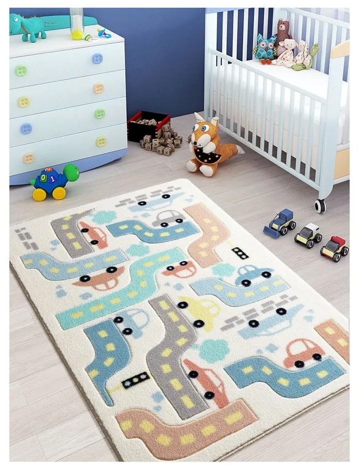 Dětský bílý koberec Confetti Baby Car, 100 x 150 cm