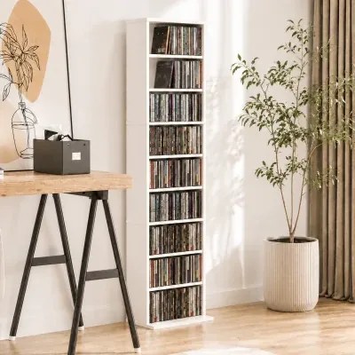 HOMCOM Police na CD/DVD, 9 úrovní, úzká volně stojící police se 6 nastavitelnými policemi, pro 260 CD, bílá