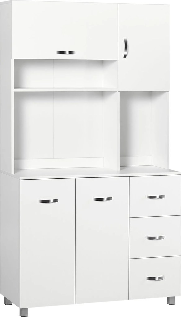 HOMCOM Moderní Kuchyňská Skříňka s 3 Zásuvkami, 4 Dveřmi a Nastavitelnými Policemi pro Jídelnu a Obývací Pokoj 100x39,5x183,5 cm Bílá | Aosom