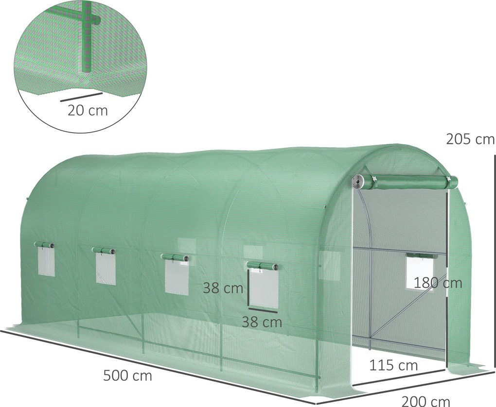Outsunny Skleník na rajčata s oknem 500x200x210cm zelený polytunel pro zahradu a pěstování rostlin | Aosom.de