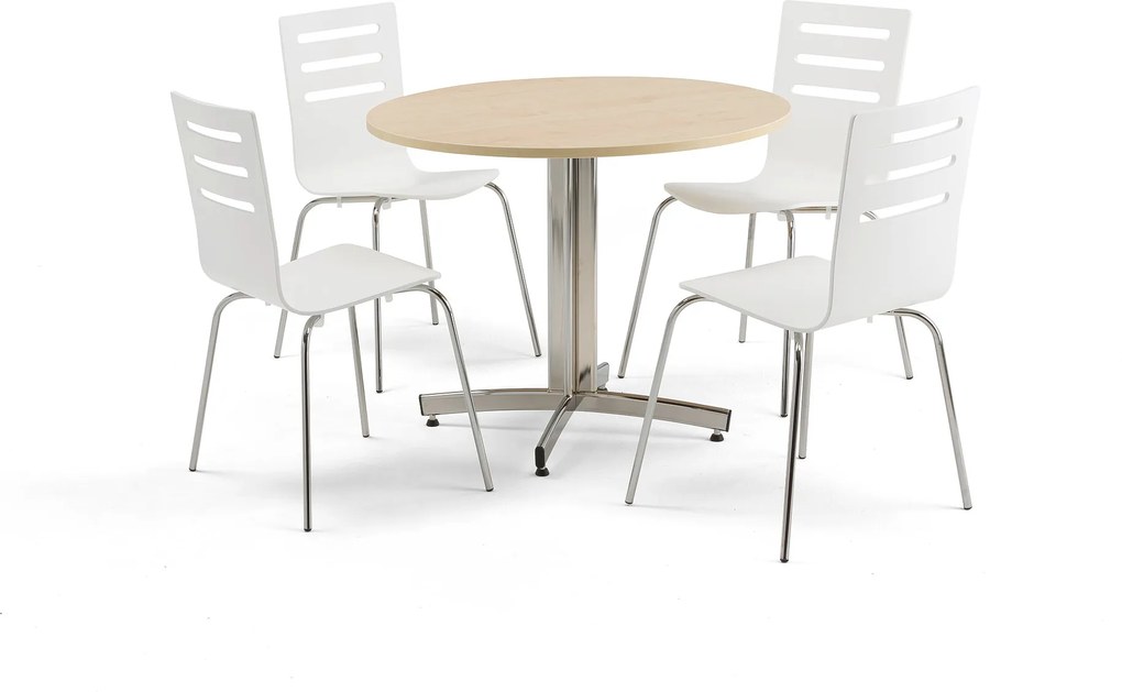 AJ Produkty Jídelní sestava: kulatý stůl Ø900 mm, bříza + 4 židle, bílá/chrom