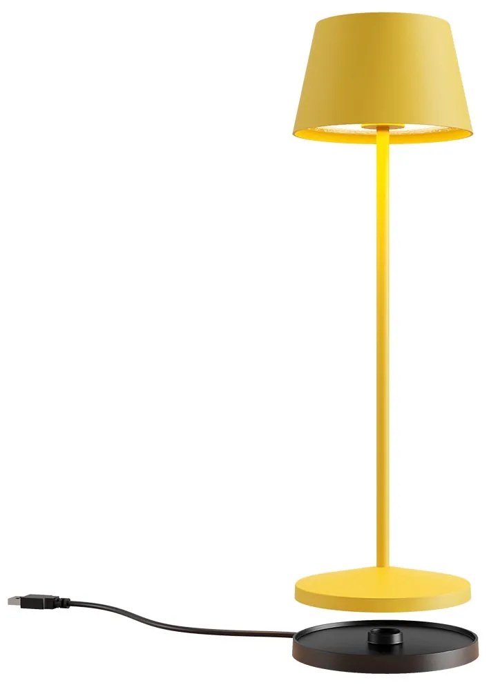 Redo Group 90212 La Nuit, moderní venkovní stolní lampa na baterii LED 2,2W 2700-3000K, stmívatelná, USB, svítí 9hod, kulatá žlutá, výška 36cm, IP65