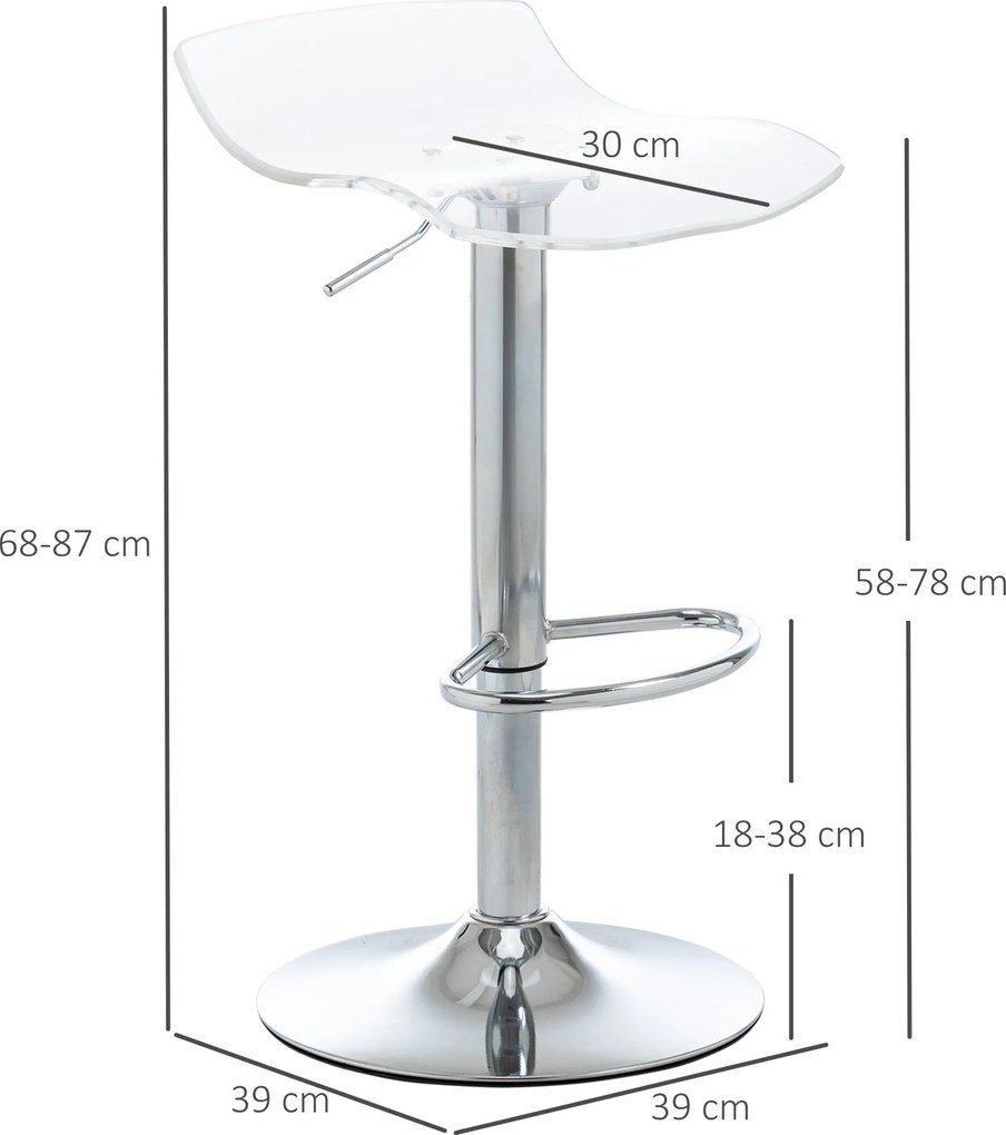 HOMCOM Sada 2 barových židlí moderního designu s akrylovým sedákem a kovovou základnou - 360° otáčení - výškově nastavitelné s opěrkou na nohy - průh…