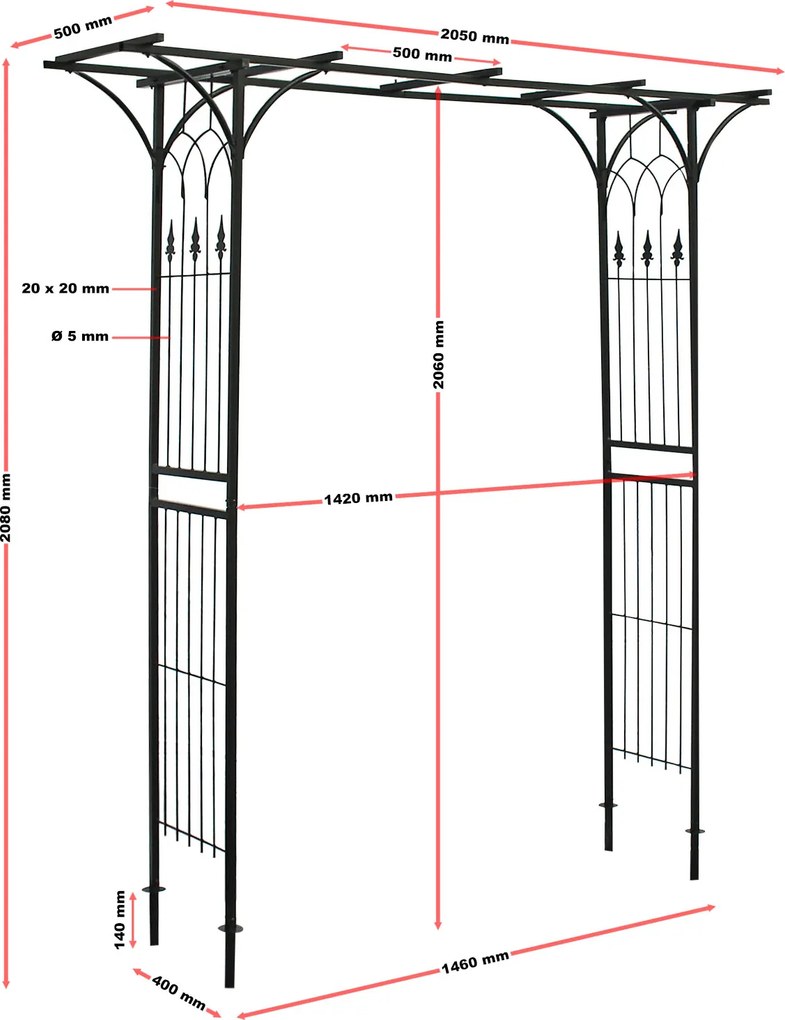 Zahradní dekorace Wiltec – 205 × 50 × 208 cm, černá (62881)