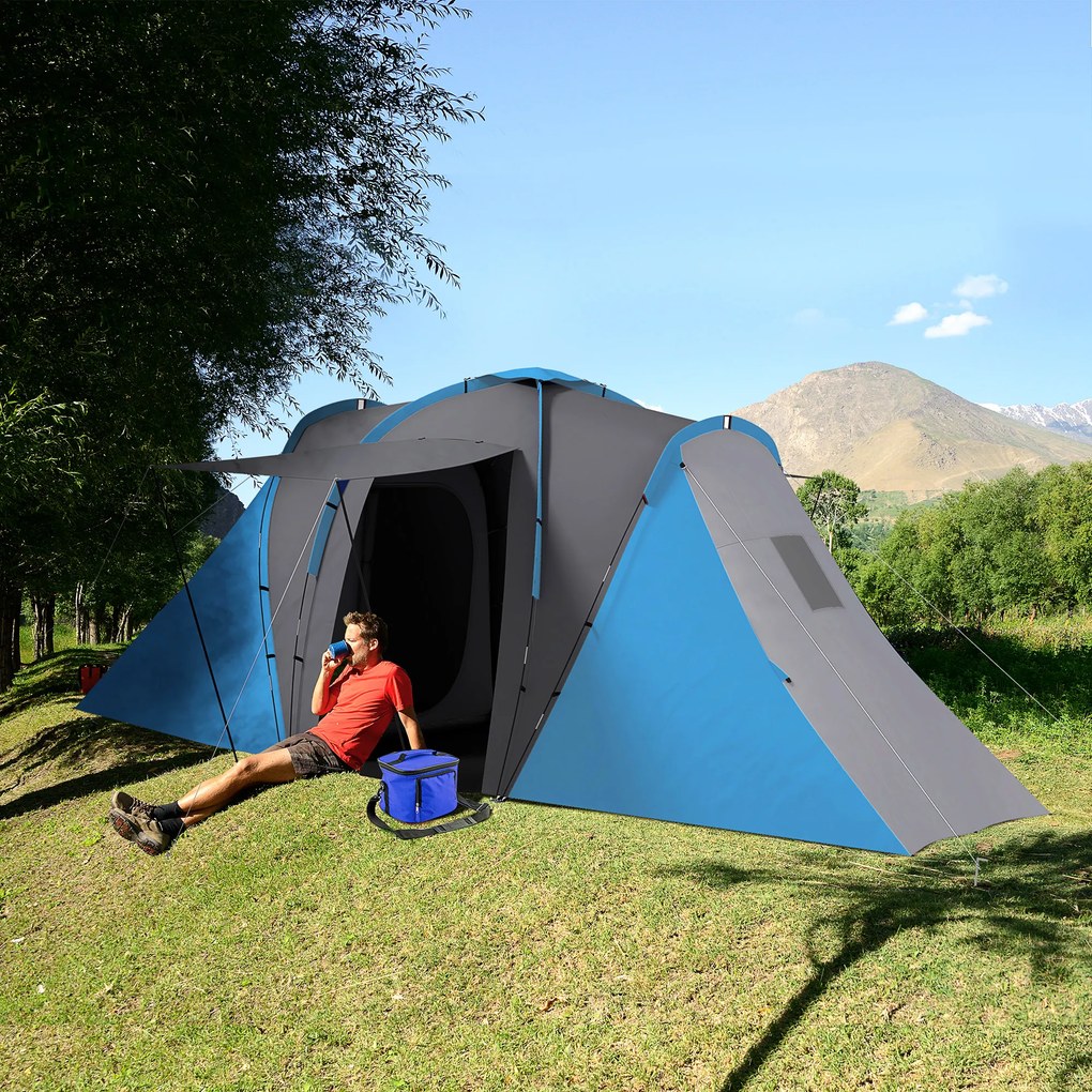 Outsunny rodinný stan pro 4-6 osob, voděodolný 2000 mm, skládací stan s 2 ložnicemi, batoh na kempování 555x225x190 cm, šedý a modrý