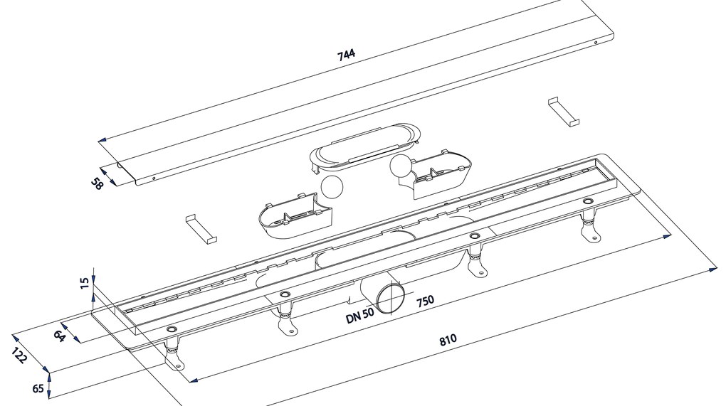 Polysan Polysan, FLISE podlahový žlab s roštem z nerezové oceli na dlaždice, L-810, DN50, 73681