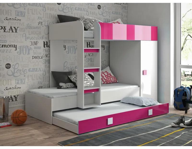 Patrová postel Tomson 2, Barva: Bílá + Bílý lesk + Ružová