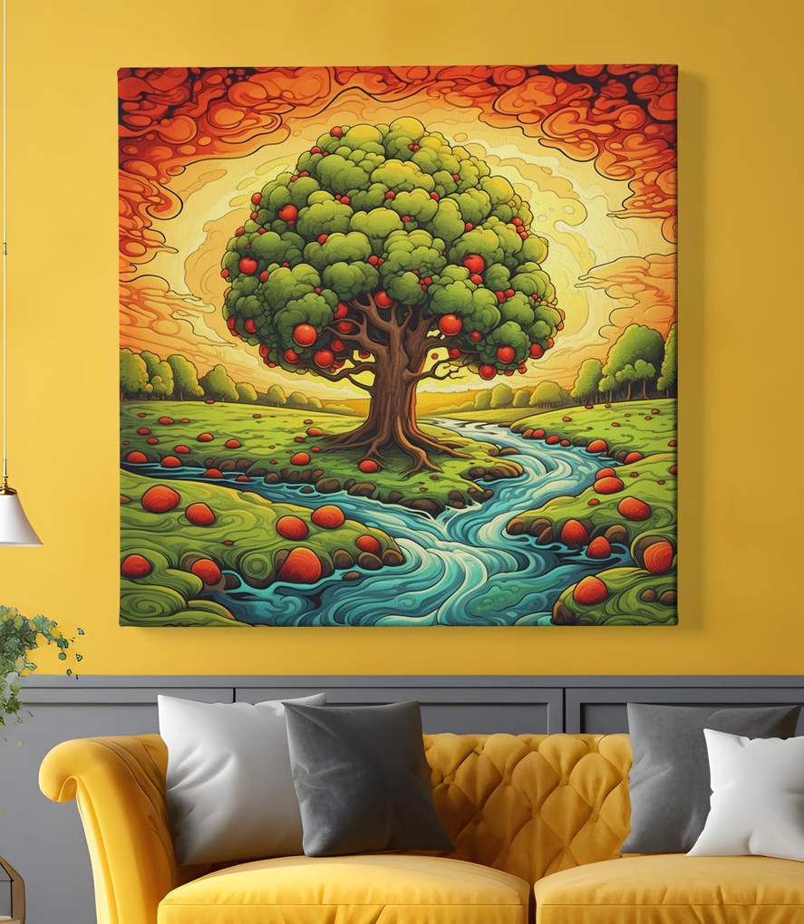 Obraz na plátně - Pohádkový strom života s jablky FeelHappy.cz Velikost obrazu: 140 x 140 cm