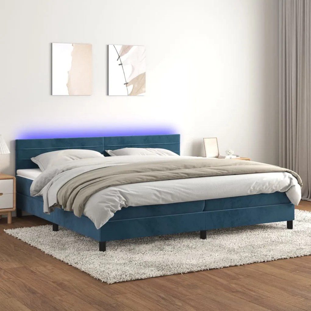 Box spring postel s matrací a LED tmavě modrá 200x200 cm samet 3134487