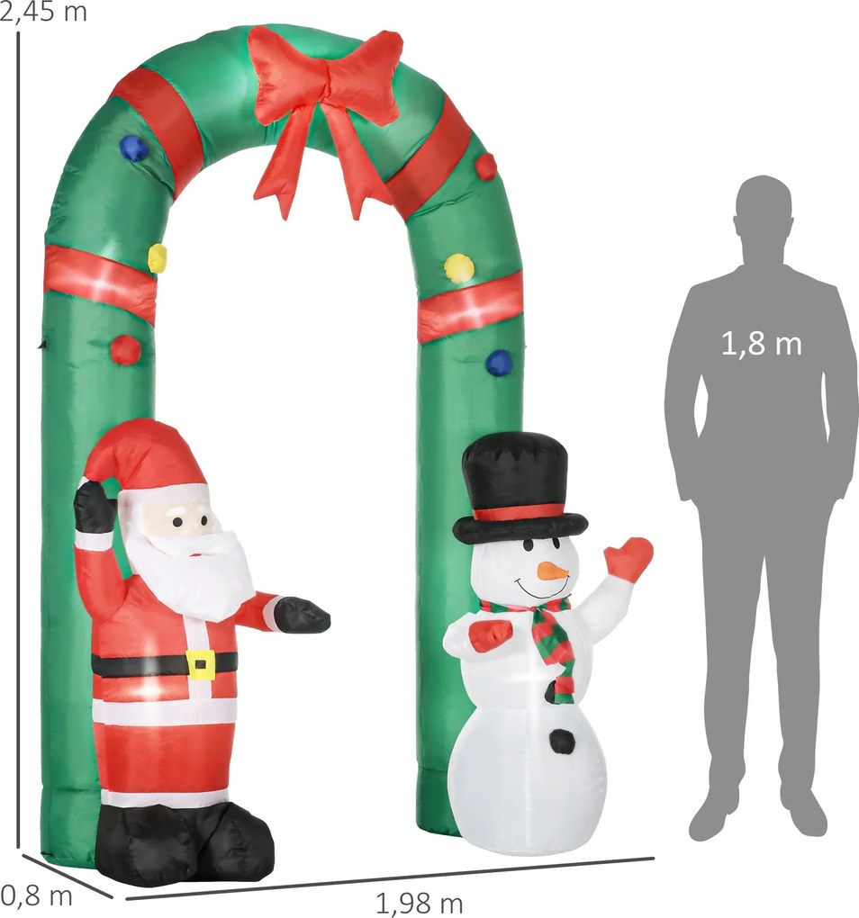 HOMCOM Nafukovací brána s Santa Clausem a sněhulákem, LED osvětlení, integrovaný ventilátor, 198 x 80 x 245 cm