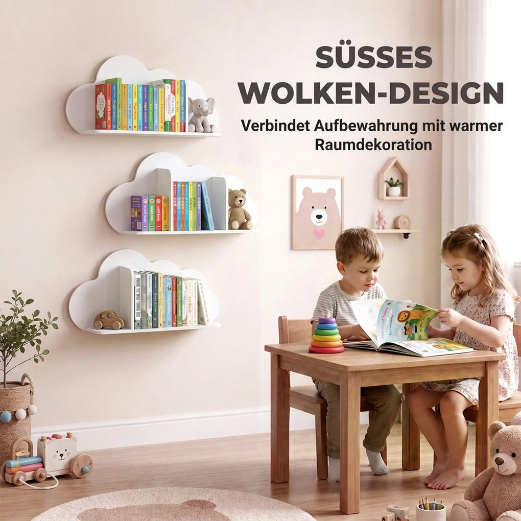 AIYAPLAY sada 3 nástěnných dětských regálů 60 cm, dětský knihovník ve tvaru oblaku, plovoucí knihovník Montessori pro 3–8 let, bílý