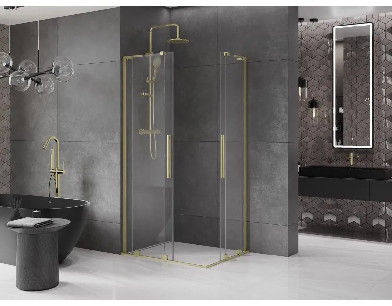 Mexen Velar L Duo, sprchový kout s posuvnými dveřmi 90 x 80 cm, 8mm čiré sklo, zlatá matná, 871-090-080-02-03-55