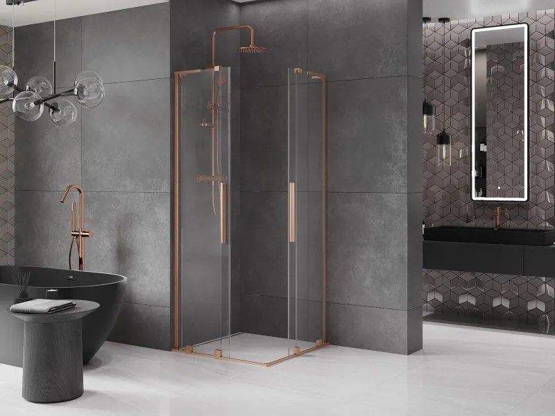 Mexen Velar L Duo, sprchový kout s posuvnými dveřmi 80 x 80 cm, 8mm čiré sklo, měděná matná, 871-080-080-02-03-65