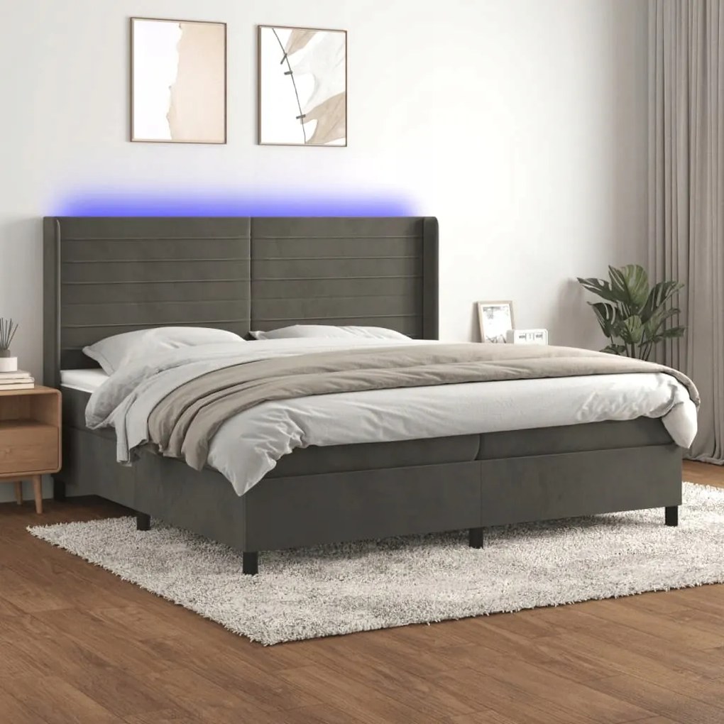 Box Spring Postel S Matrací A Led Samet Tmavě Šedá vodorovné pruhy 200 x