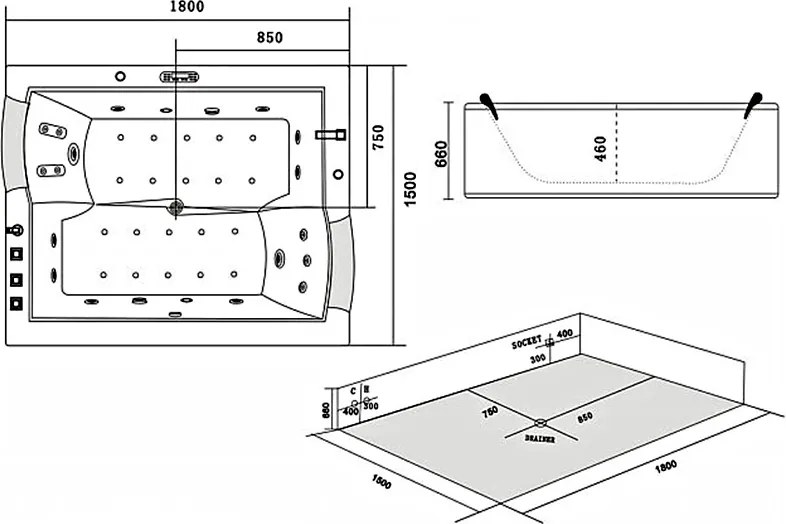 BPS-koupelny Hydromasážní vana HYD-DI666D 180x150, bílá s ohřevem vody