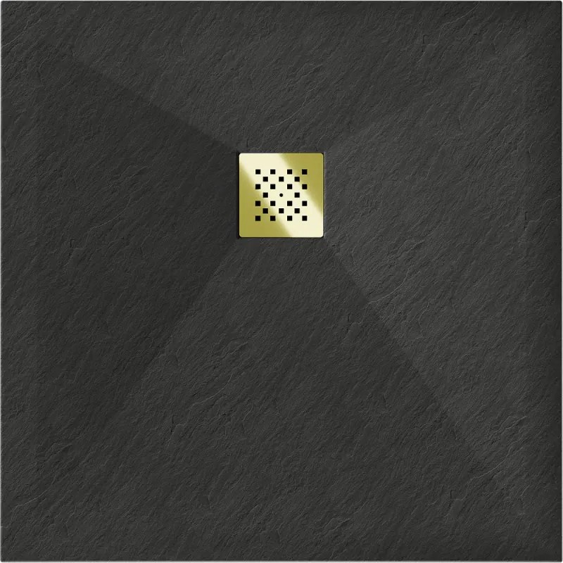 Mexen Stone+, čtvercová vanička z minerálního kompozitu 80 x 80 cm, černá, zlatá lesklá krytka, 44708080-G