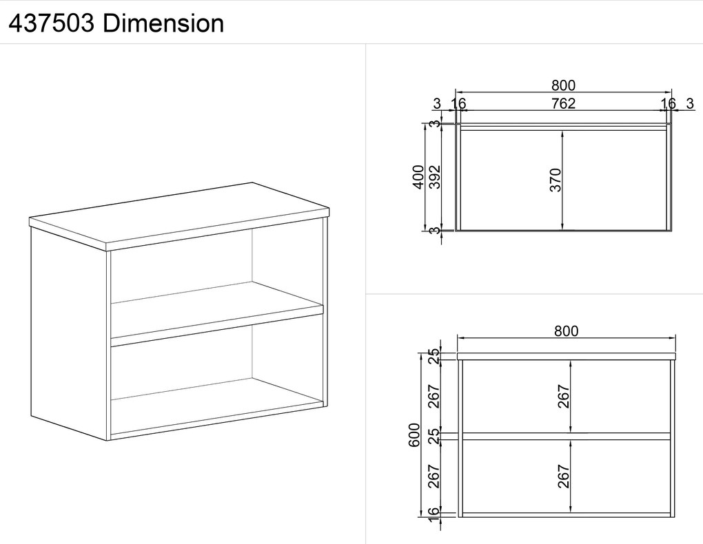 Nástavba otevřená MIRELLI A+, 800 x 400 x 600 mm, bílá/dub sonoma