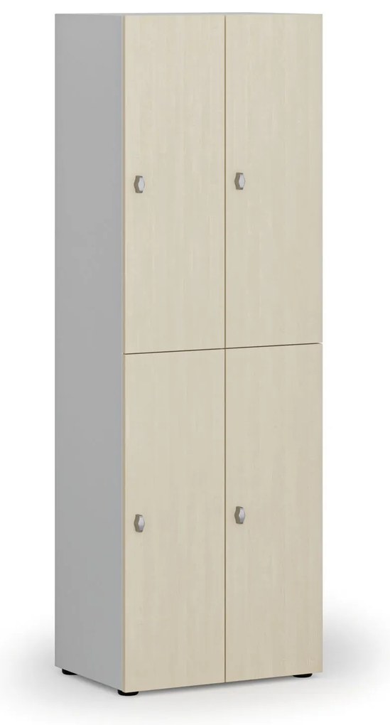Dřevěná šatní skříňka S4 s úložnými boxy, 4 boxy, demont, otočný zámek, šedá/bříza