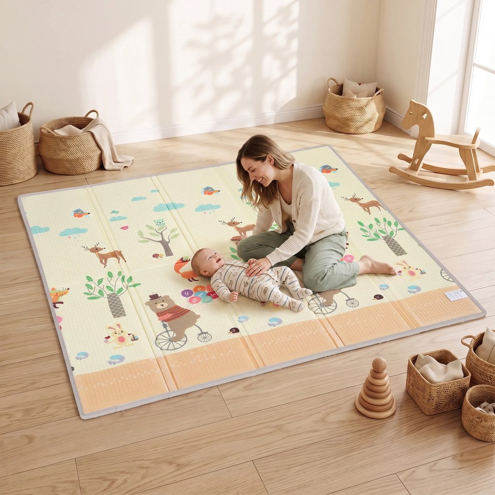 AIYAPLAY Skládací dětská kobereček na lezení, oboustranná hrací podložka s motivy lesních zvířat a přírody 200 x 180 cm pro děti 0-3 roky