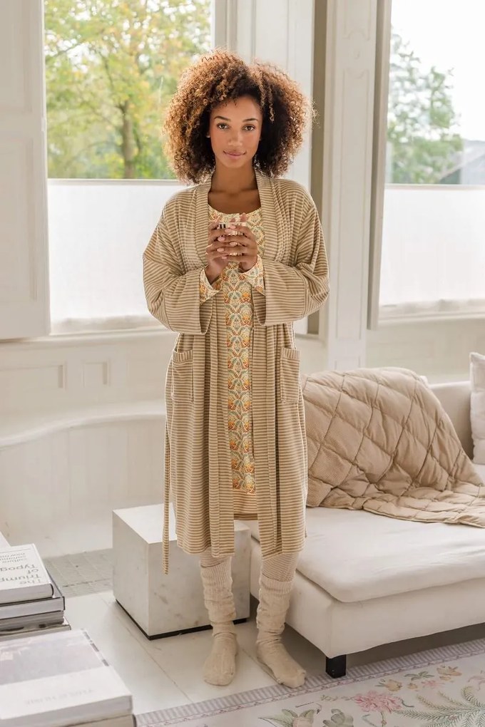 Pip Studio Naomi Kimono Velvet Little Sumo Stripe, pískové (Bavlněné sametové kimono)