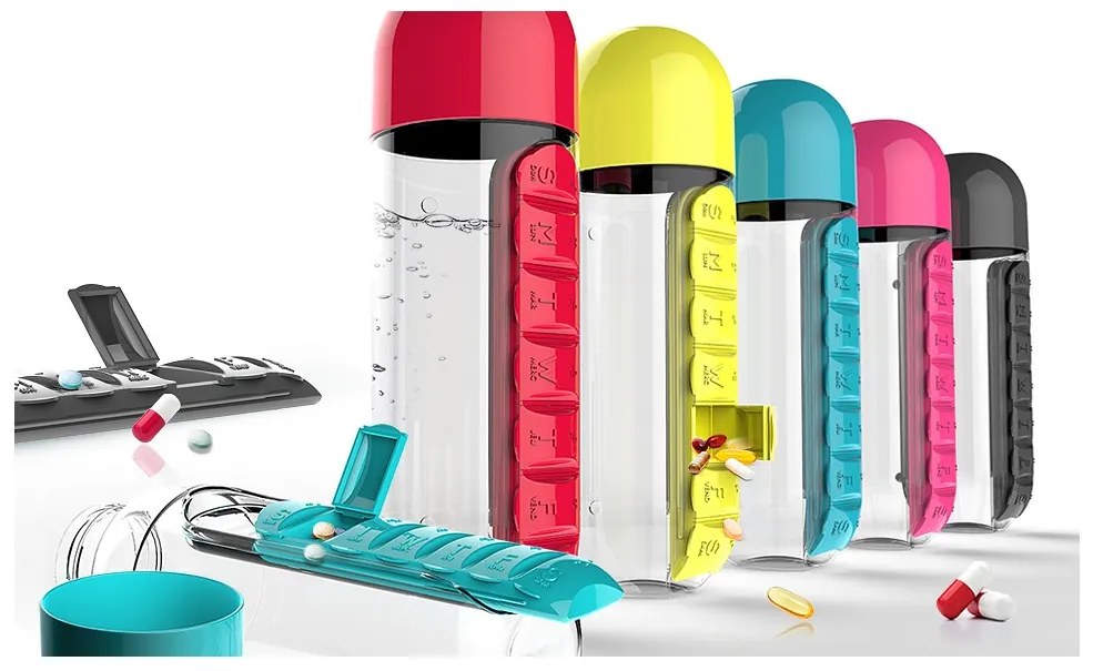 ASOBU multifunkční týdenní dávkovací láhev Pill Organizer žlutá 600ml