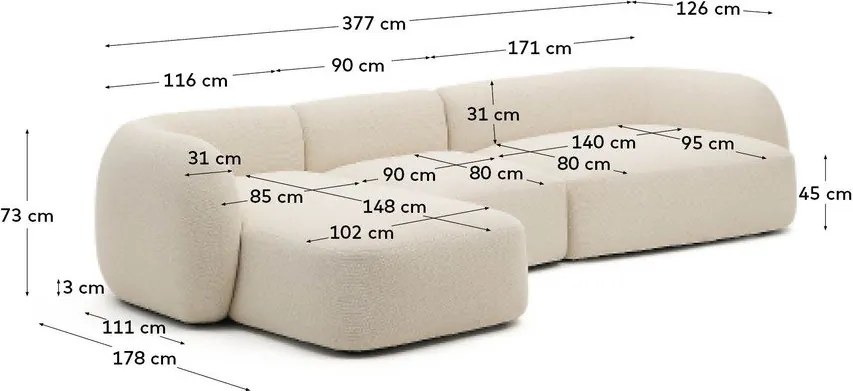 Krémová žinylková rohová pohovka (levý roh/s lenoškou) Martina – Kave Home