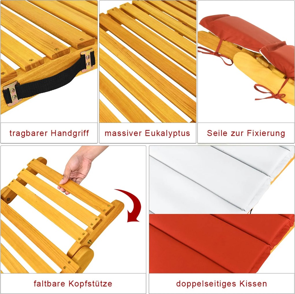 Costway Sada 2 ergonomických dřevěných lehátek s polštářem a skládací opěrkou
