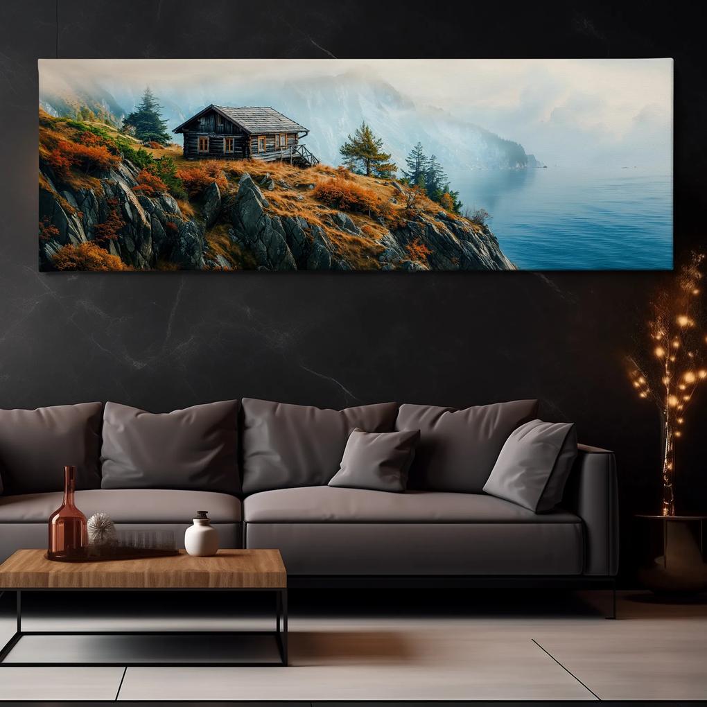 Obraz na plátně - Skalní chatka na mlžném pobřeží FeelHappy.cz Velikost obrazu: 180 x 60 cm