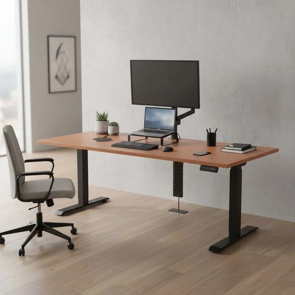 Výškově nastavitelný stůl OfficeTech D, 200 x 80 cm, černá podnož, třešeň