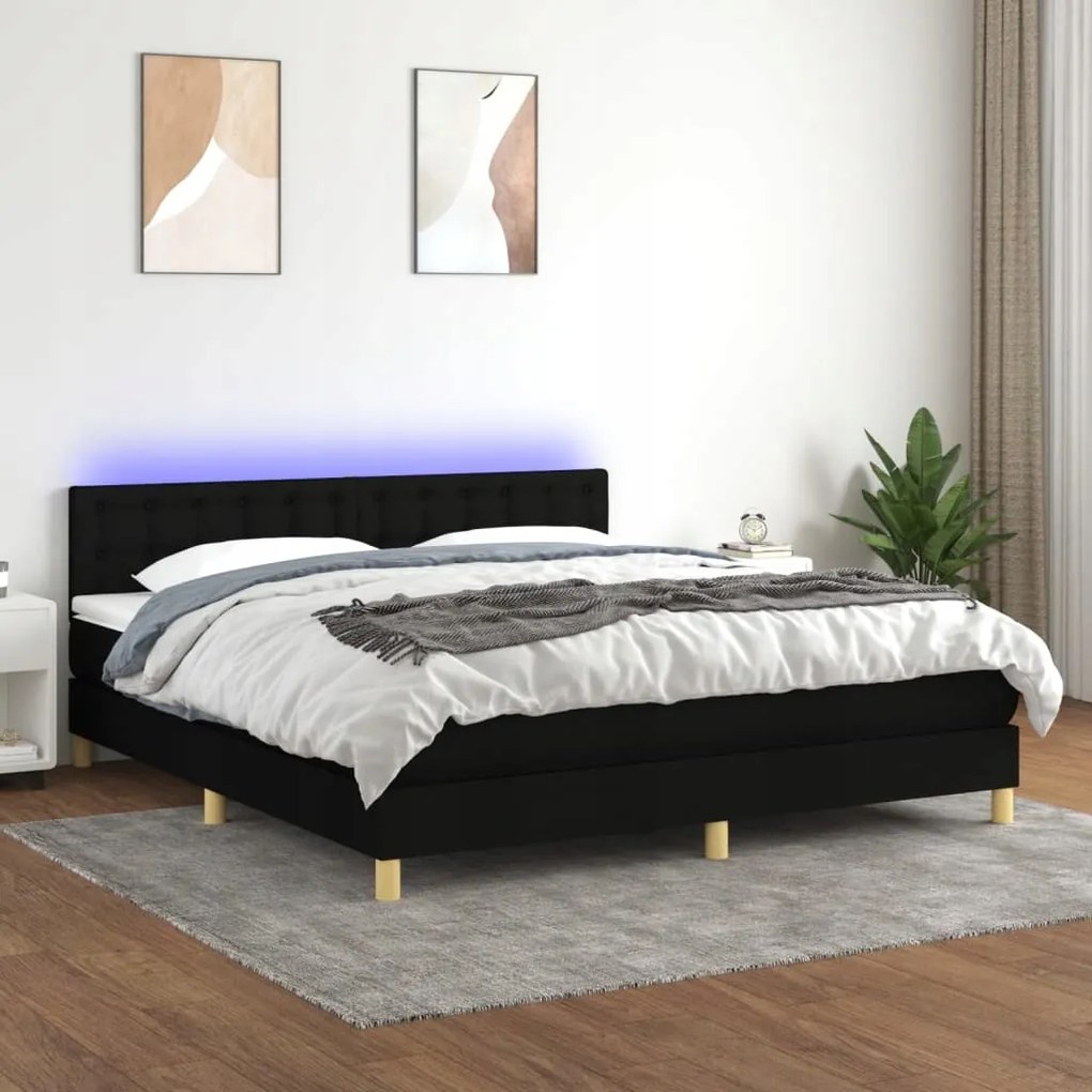 Box Spring Postel S Matrací A Led Černá Textil Černá tlačítka 160 x 200 c
