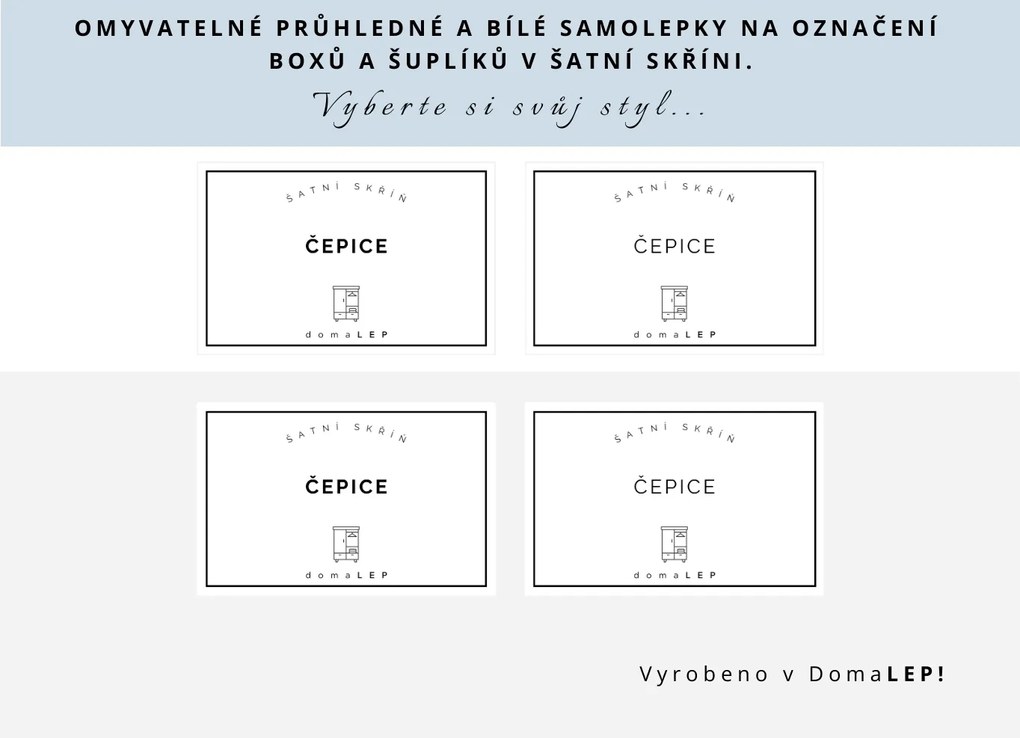 ČEPICE - Samolepka na šuplíky a boxy do šatní skříně, 8,5 x 5,5 cm -| DomaLEP varianta: SAMOLEPKA, barva: BÍLÁ - ČERNÉ písmo, velikost: š. 8,5 cm x v. 5,5 cm - základní písmo