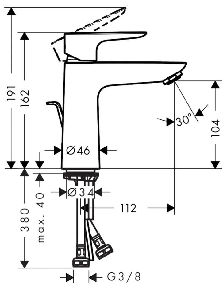 Hansgrohe Talis E, páková umyvadlová baterie 110 LowFlow 3,5 l/min s odtokovou soupravou s táhlem, chromová, 71715000