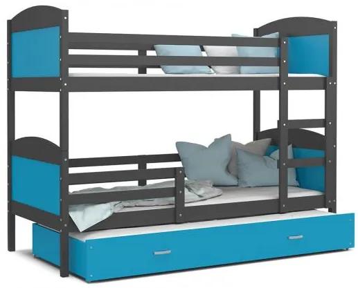 DOBRESNY Dětská patrová postel MATYAS 3 80x190cm s šedou konstrukcí v modré barvě s přistýlkou